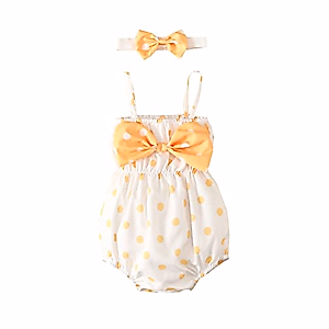 MLAGJSS 2Pcs Baby Girl Clothes Set Ruffles Sleeveless Floral Prints Girls Bodysuit Rompers Jumpsuit Cute Bow Headband Set (Zj42-Yellow,0-3 Months)