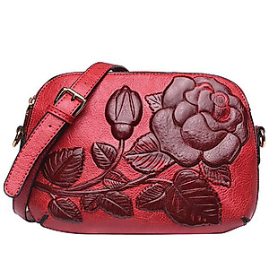 QZUnique Women's Chinese Style PU Leather Handbag Graceful Embossed Floral Shoulder Bag Zipper Crossbody Bag Red