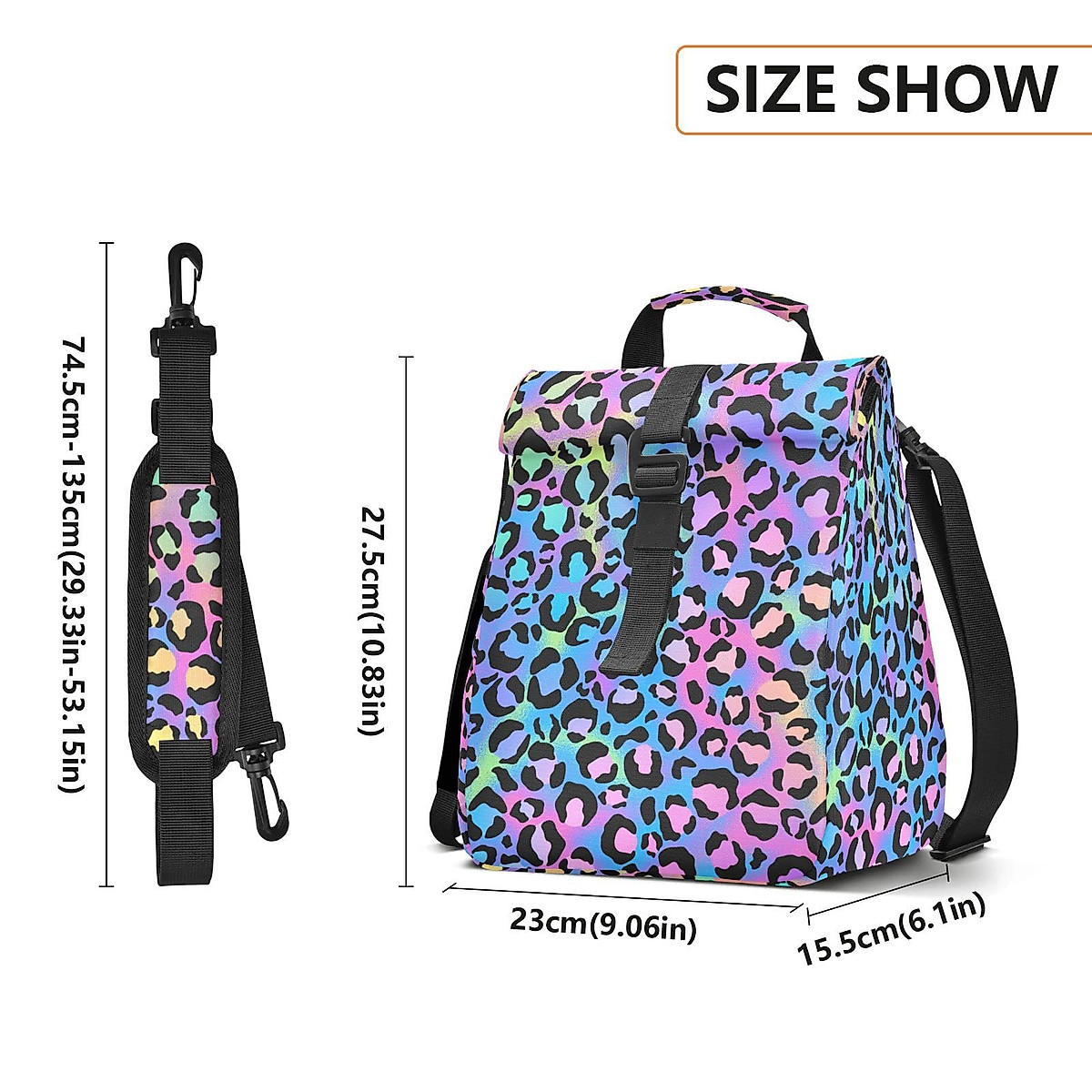 MNSRUU Insulated Lunch Bags Women Men, Rainbow Leopard Portable Reusable Thermal Meal Tote Cooler Bag Organizer, Adjustable Shoulder Strap, Handle