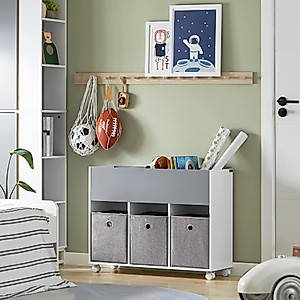 Haotian Kids Toy Storage Organizer Cart, Bookshelf with 3 Baskets & Wheels Children Toddlers Bookcase Playroom Nursery, Grey, KMB61-HG