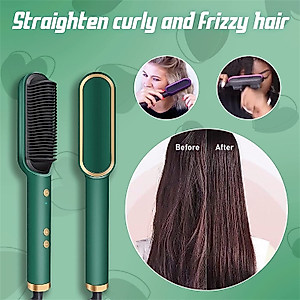 2023 New Negative Ion Hair Straightener Styling Comb, Portable 2 in 1 Hair Straightener Brush and Curler with 5 Temp/Fast Heating/Anti Scald for Home/Travel/Salon (Green)