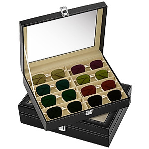 TOPZEA 2 Pack Sunglasses Organizer, PU Leather Eyewear Eyeglass Organizer Display Cases for Jewelry, Glasses Storage Holder Box, Lockable Watch Collection Case with 8 Slot for Women, Men
