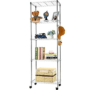 BATHWA 5-Shelf Wire Shelving Units, Sturdy Metal Shelf Chrome Organizer Wire Rack with 360° Wheels, Adjustable Utility Storage Shelves for Garage, Kitchen, Living Room, Bathroom, 23.2L x 13.8W x 72H