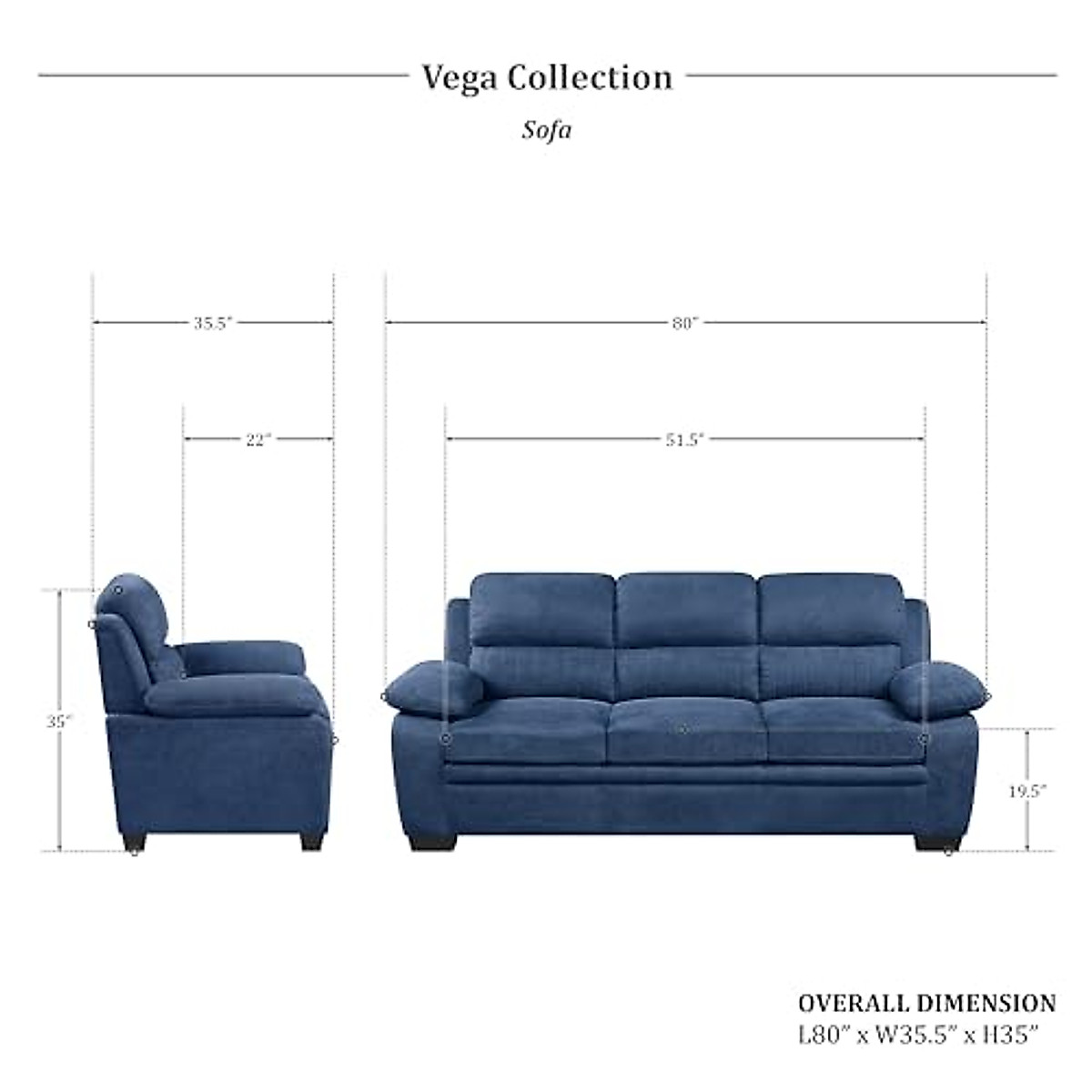 Lexicon Vega 80" W Fabric Living Room Sofa Couch, Blue