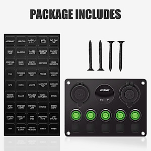 FXC 5 Gang Rocker Switch Panel with Dual USB Slot Socket 5V 4.2A + Cigarette Lighter + Voltmeter for Marine Boat Car Rv Vehicles Truck 12-24V Waterproof Blue LED (5B Green)