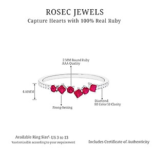 Rosec Jewels Princess and Round Ruby Minimal Eternity Anniversary Band Ring for Women, Aaa Quality, 14K White Gold, Size:US 7.00