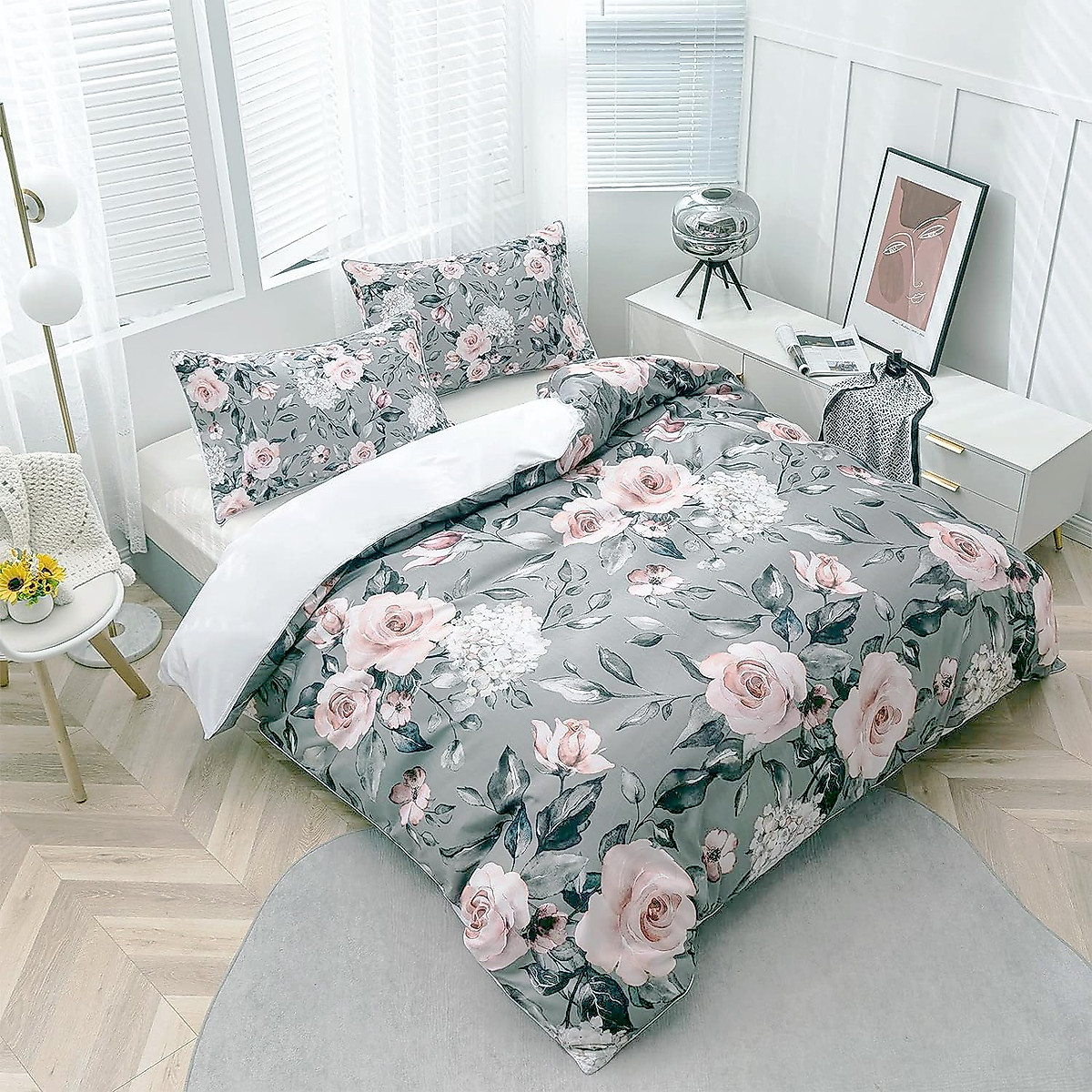TOPTREE Rose Floral Duvet Cover Twin Size - Grey Floral Duvet Cover Set with Zipper Closure, Soft & Breathable Chic Garden Floral Bedding Set with 2 Pillowcases Gorgeous Floral Comforter Set