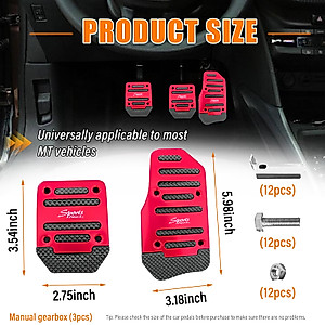 Ziciner 3PCS Non-Slip Car Pedal Pads, Manual Gearbox Gas Pedal Brake Pedal Cover, Aluminum Alloy Brake Gas Clutch Pedal Kits, Universal Replacement Accessories for Car SUV ATV (Red&Manual)