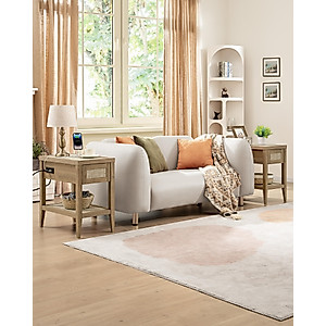 SICOTAS Rattan Nightstands Set of 2 - Boho Night Stand with Type-C Charging Station & Rattan Drawer - Bed Side Table End Table for Bedroom Living Room - Natural Oak