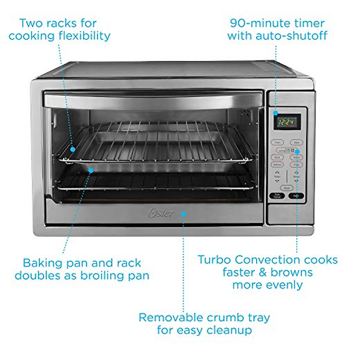 Oster Toaster Oven, 7-in-1 Countertop Toaster Oven, 10.5" x 13" Fits 2 Large Pizzas, Stainless Steel