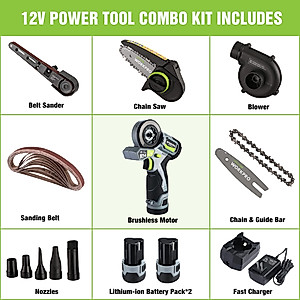 WORKPRO Cordless Detail Belt Sander, Mini Chain Saw, Electric Blower, 3-in-1 Power Tool Combo Kit, 12V, Powerful Brushless Motor, with 2 Batteries, Fast Charger and Storage Bag