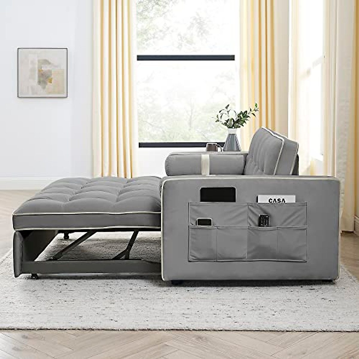 HomSof Modern 55.5" Pull Out Sleep Bed 2 Seater Loveseats Sofa Couch with Side Pockets Adjsutable Backrest and Lumbar Pillows for Apartment Office Living Room, Style E, Grey
