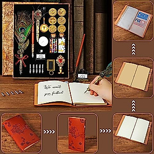 Aifeiter Quill Pen Ink Set - Peacock Feather, Wooden Dip Pen, Reusable Journal, Calligraphy Set