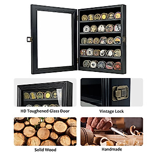 ASmileIndeep Military Challenge Coin Display Case Holder with HD Toughened Glass and Wall Mount, Wooden Coin Stand Rack with Removable 2 Grooves Shelves for Poker Chips Collectibles, Black…