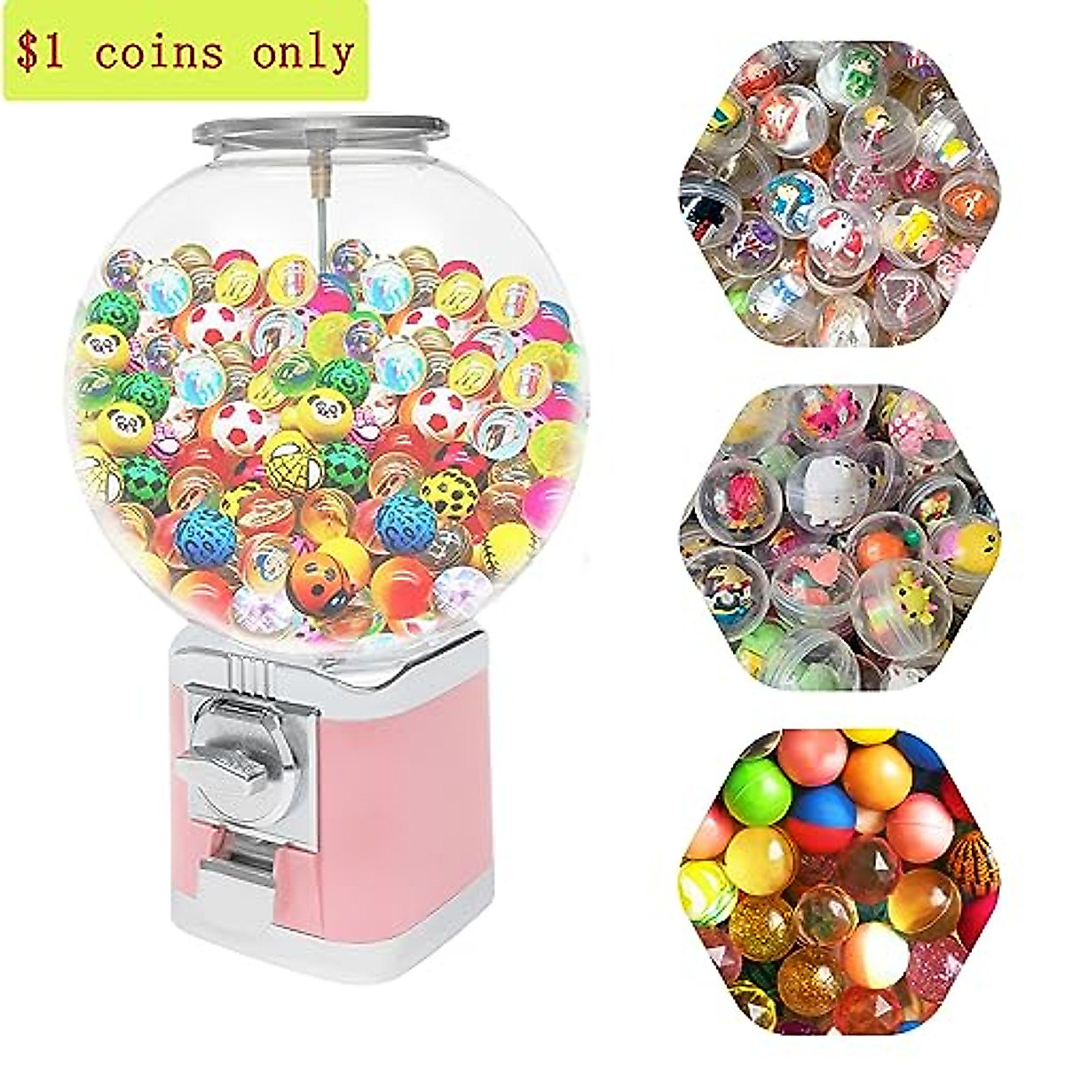 Gdrasuya10 Vending Machine, 18.11" Big Bubble Gumball Machine Lockable Candy Gumball Dispenser Machine Large Capacity Toy Vending Machine for 1.26inch Ball, Candy or $1 Coins, Pink