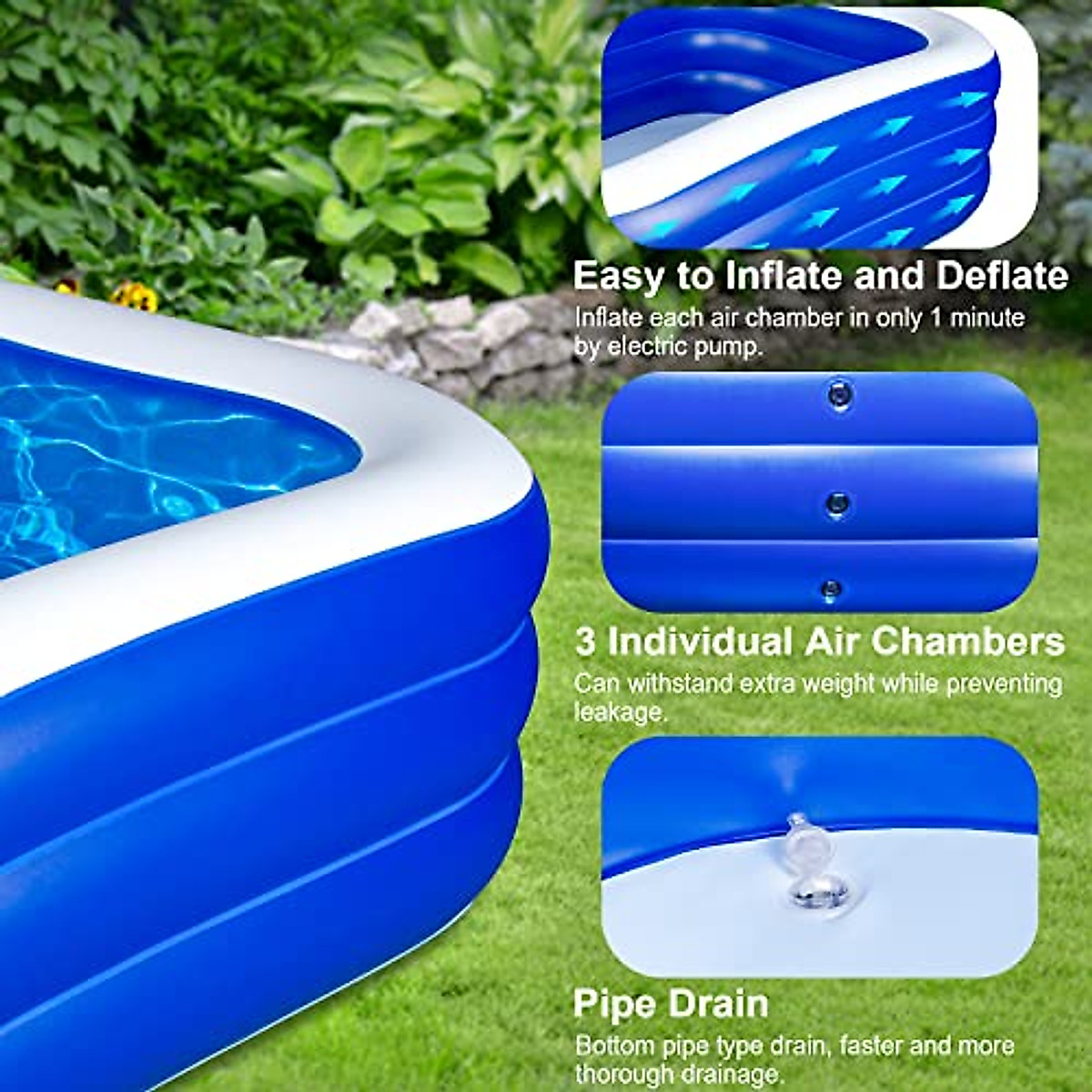 Inflatable Pool Kiddie Pool, 102" x 67" x 21" Family Swim Center Rectangular Swimming Pools for Kids, Adults, Babies, Toddlers, Outdoor, Backyard, Garden, Summer Pool Party