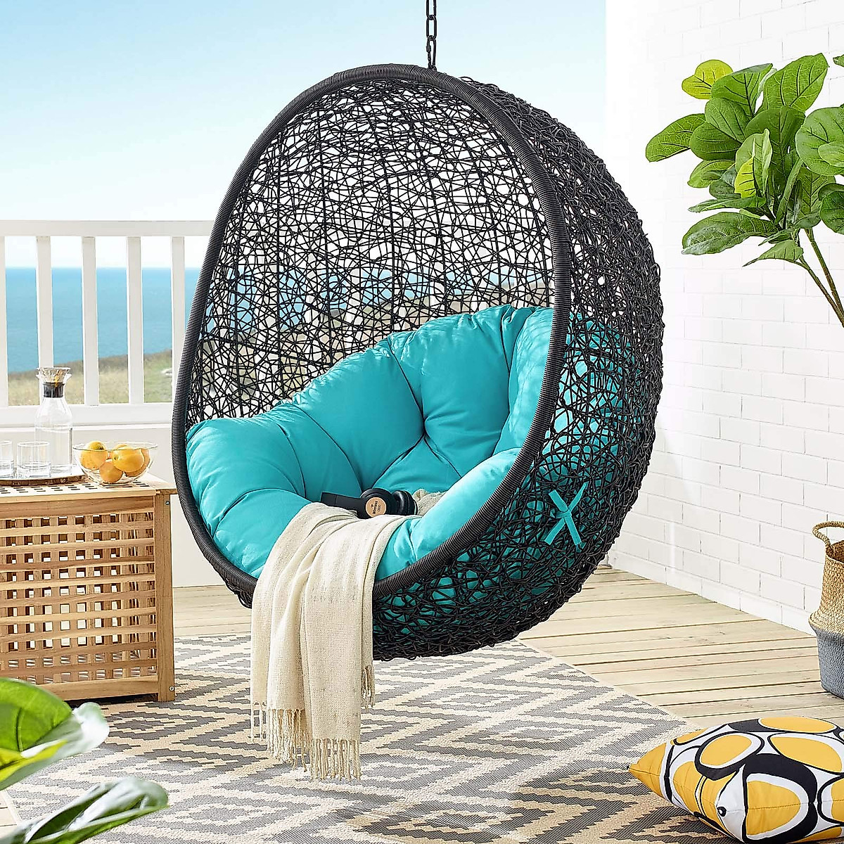 Modway EEI-739-TRQ-SET Encase Wicker Rattan Outdoor Patio Porch Lounge Egg, Swing Chair with Stand, Turquoise