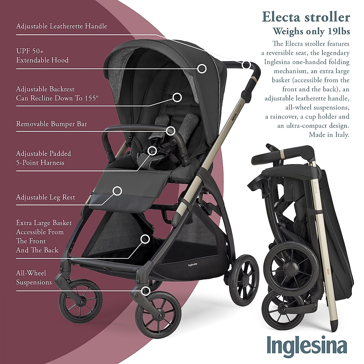 Inglesina Electa Stroller, Upper Black - Full-Size Stroller for Babies & Toddlers Up to 55 lbs - Compact Design - Car Seat & Bassinet Compatible - One-Handed Open & Close - BPA Free
