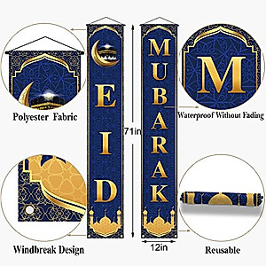 Eid Mubarak Decoration Porch Sign Ramadan Mubarak Banner Hanging Sign Islamic Eid Festival Celebration Welcome Wall Hanging Flag Muslim Ramadan Party Decor(Blue)