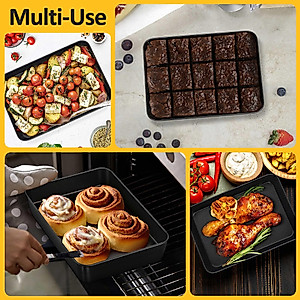 TeamFar Baking Pan with Lid, 9.4 Inch Stainless Steel Lasagna Pan with Black Non-Stick Coating, Roasting Baking Rectangle Cake Pan for Toaster Oven, Non-Toxic & Solid, Easy Clean-(1 Pan + 1 Lid)