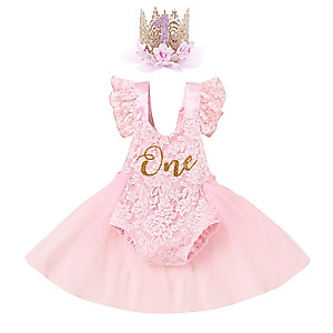 Onderful 1st Birthday Girl Outfit Cake Smash Boho Rainbow First Birthday Dresses Princess Floral Party Supply Lace Romper Mini Tutu Skirt Headband Summer Baby One Year Old Photoshoot Pink 12-18 Months
