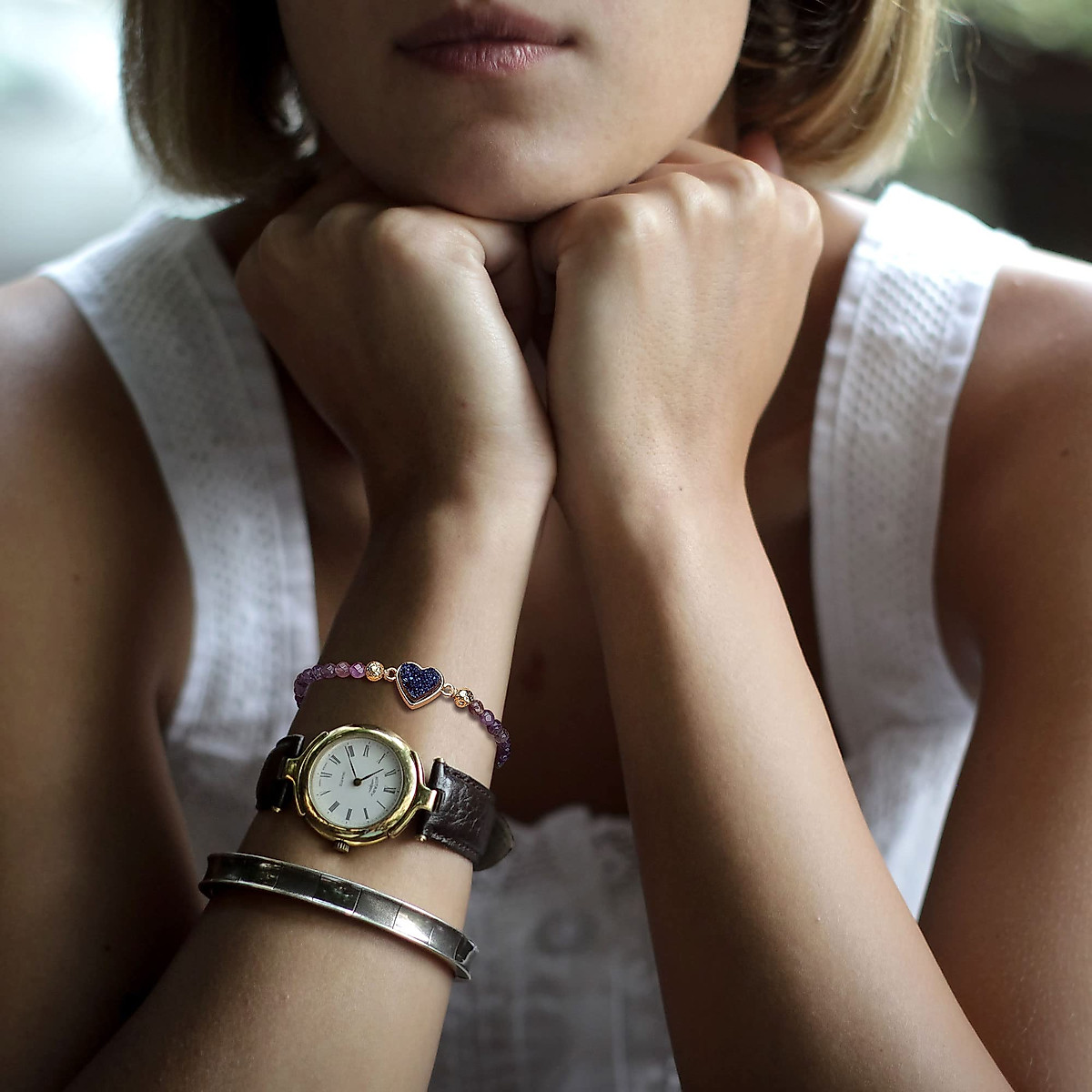 Top Plaza Womens 4mm Amethyst Beads Chakra Healing Crystal Bracelet Gold Lava Rock Stone Adjustable Bracelets With Heart Shape Druzy Charm