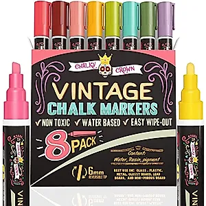 CHALKY CROWN Liquid Chalk Markers - Dry Erase Marker Pens - Chalk Markers for Chalkboards, Signs, Windows, Blackboard, Glass - Reversible Tip (8 Pack) - 24 Chalkboard Labels Included (Vintage, 6mm)