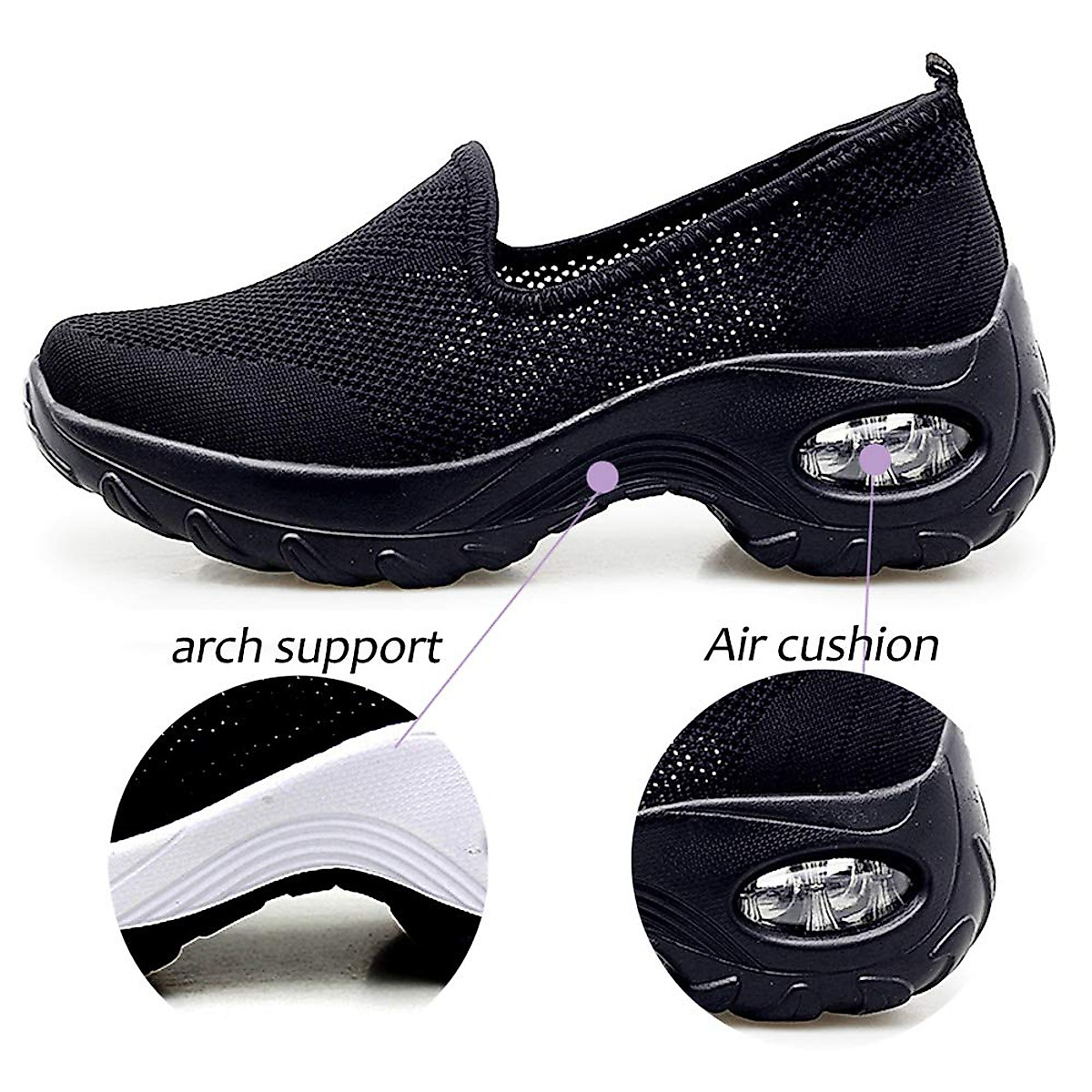 Aconhop Platform Sneakers Casual Shoes Women Slip-on Wedges Mesh Breathable Non-Slip Comfort Walking Shoes Black-36
