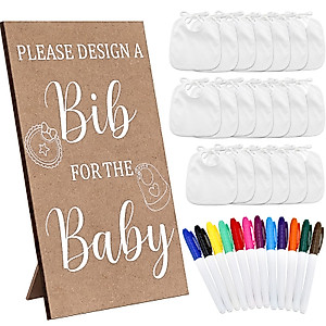 Panitay 43 Pcs Baby Shower Games White Baby Bibs Design Games, Include Wooden Baby Shower Game Sign with 30 Blank White Bibs for Baby Decorating 12 Marker for Baby Shower(Classic Style)