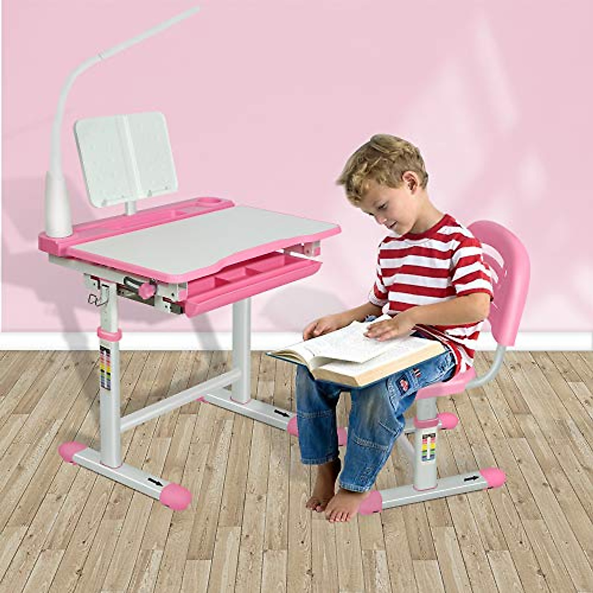 Diroan Kids Functional Desk and Chair Set, Ergonomic Height Adjustable Children School Study Desk with Tilt Desktop, Book Stand, LED Light, Metal Hook and Storage Drawer for Boys Girls(Pink)