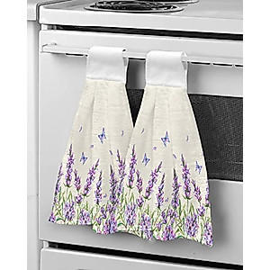 WARM TOUR 1Pcs Kitchen Hanging Towel Country Purple Lavender Flower Butterfly,Absorbent Soft Hand Tie Towel with Loop Fall Floral Retro Linen,Tea Bar Dish Cloth Dry Towel for Bathroom