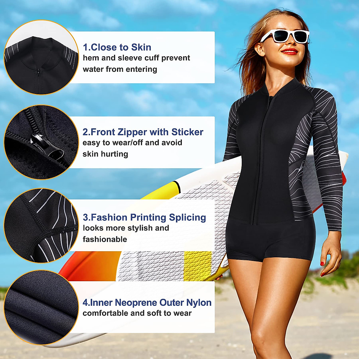 CtriLady Wetsuit Top Women Wetsuit Long Sleeve Jacket, Neoprene 1.5mm High-Necked Wetsuits with Front Zipper for Swimming Diving Surfing Boating Kayaking Snorkeling (Black 2, Large)