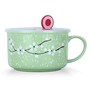 VanEnjoy 30oz Ceramic Bowl with Lid & Handle,Cherry Blossoms Among Snow Flake Pattern,Microwave for Instant Noodle Sara, Cereal Bowl