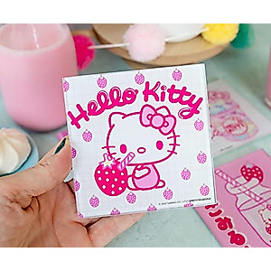 Sanrio Hello Kitty Strawberry Milk Glass Coasters for Drinks, Set of 4 | Tabletop Protection For Home Kitchen, Dining Room Table