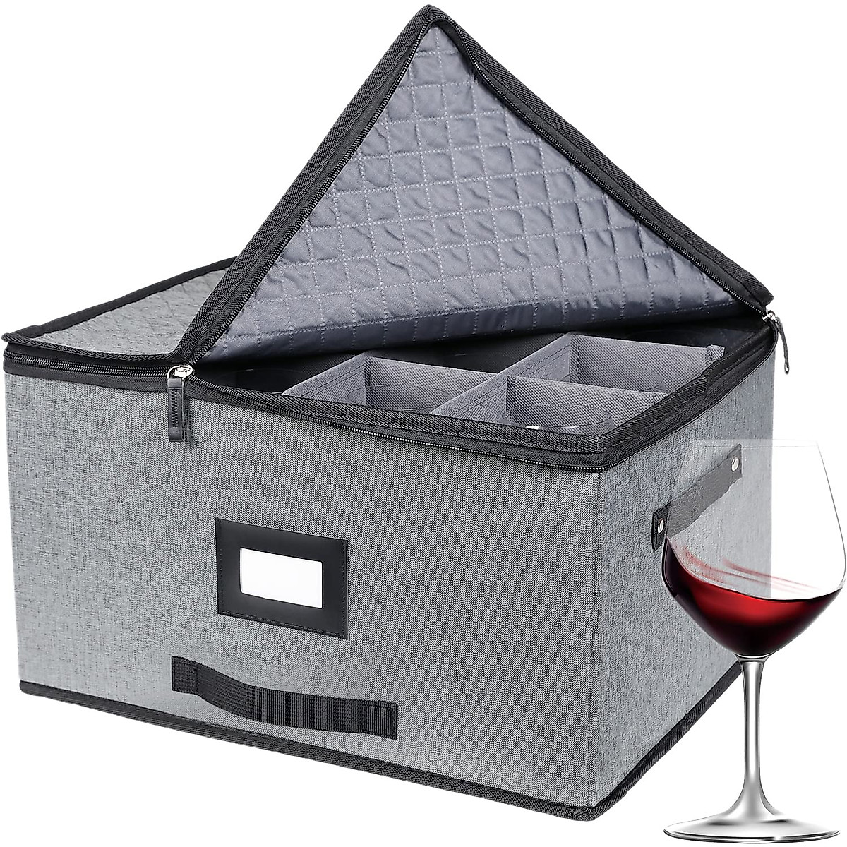 VICTORICH Ultra Large Thick Hard Shell Additional Front Handle Stemware Storage Box, Wine Glass Storage Box with Lable Window, Fully-Padded Inside with Hard Sides