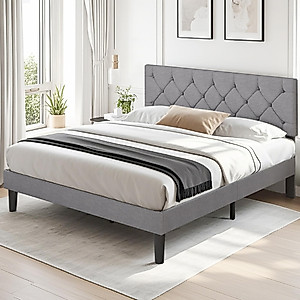VECELO Full Bed Frame with Button Tufted Headboard, Upholstered Platform Bedframe with Wood Slat Support, No Box Spring Needed, Grey