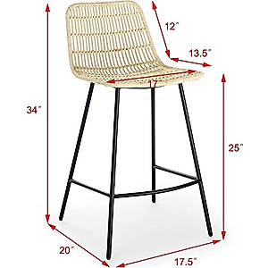ECLYL Natural Rattan Counter Stool 25" Counter Height Bar Stools Rattan Bar Stools Indoor Stools Rattan Counter Stools Set of 2 Black Finish Steel Legs Woven Bar Stool 17.5" Wx20 Dx34 H (Natural)