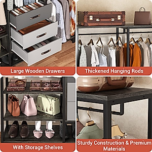 Aheaplus Wood Clothes Rack Wardrobe Closet for Hanging Clothes Heavy Duty Garment Rack, Large Corner L Shaped Closet System Organizer Walk-in Closet for Bedroom with 3 Wood Drawers,-S1, White and Grey