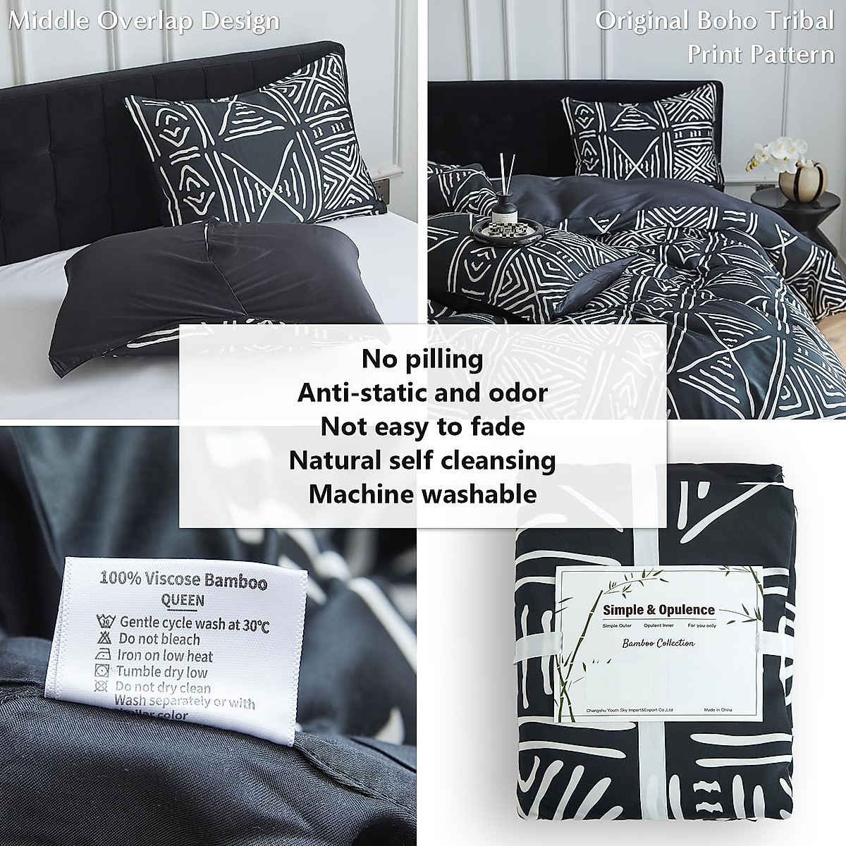 Simple&Opulence Boho Cooling Duvet Cover Set, 3Pcs Aztec Luxury Tribal Geometric Pattern Comforter Cover Set 100% Viscose from Bamboo, Soft Breathable Bedding for Hot Sleepers(Black, King)