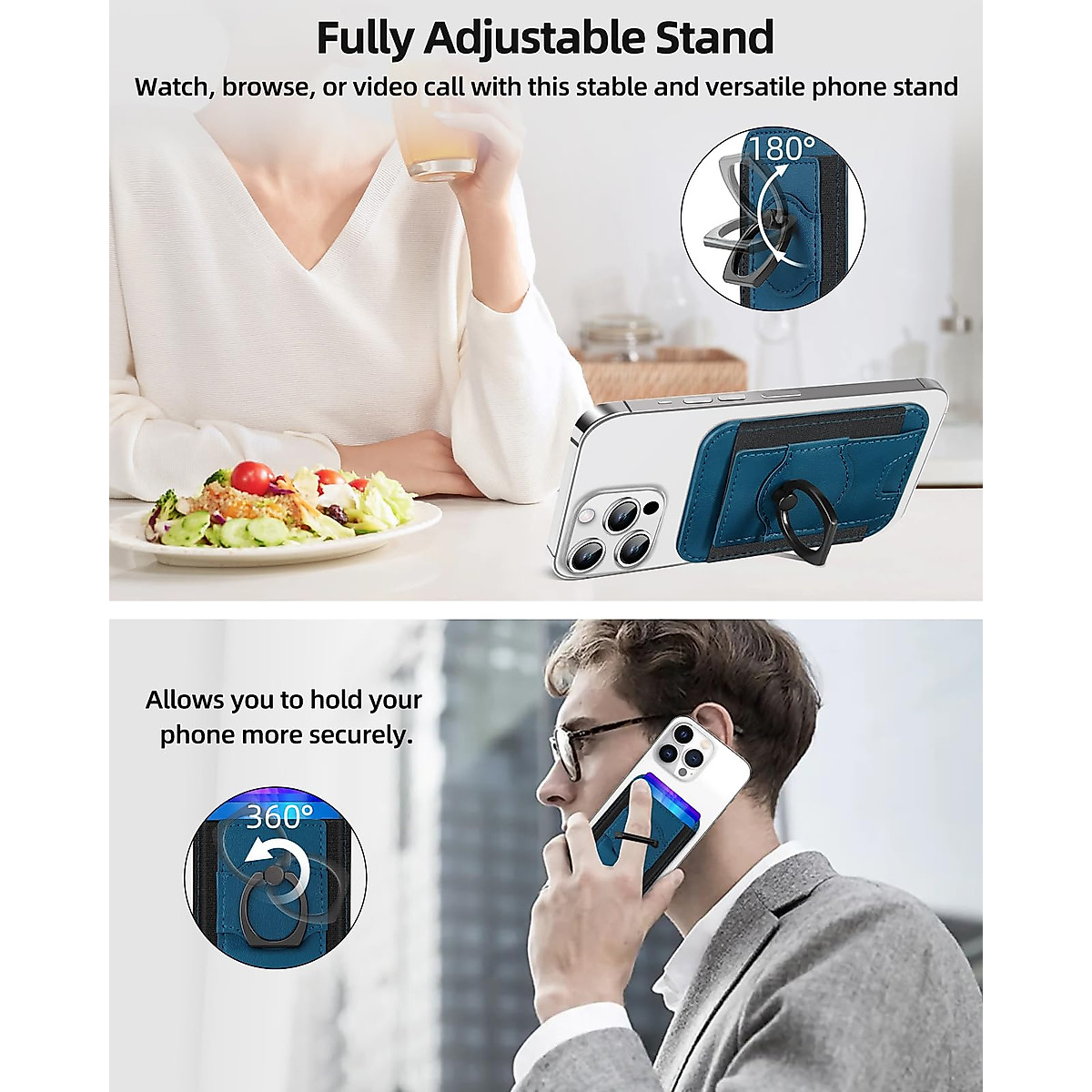 ExtreLife Upgraded for Magsafe Wallet, Strongest Magnetic Wallet, for iPhone Wallet Magsafe with Ring Grip, Magnetic Card Holder Wallet for iPhone 15/14/13/12 Series, Fit 7 Cards, Vegan Leather, Blue