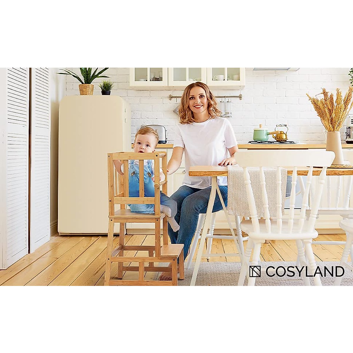 COSYLAND Kids Kitchen Step Stool，Toddler Standing Tower with CPC Certification, Removable Anti-Drop Railing Safety Rail Enjoys Unique Patented Design A Anti-tip Structure More Stable, Natural Bamboo