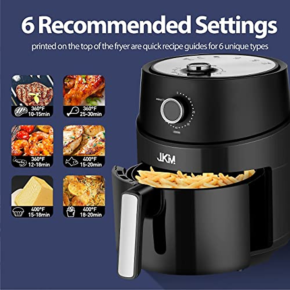 JKM Air Fryer 4.7 Quart, mechanical Air Fryer Oven, Adjustable Timer & Temp, No Oily Smoke Frying Cooking, Auto Shut Off, 1500W, Black