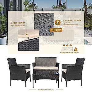 KaiMeng Patio Outdoor 4 Pieces Indoor Use Conversation Sets Rattan Wicker Chair with Table Backyard Lawn Porch Garden Poolside Balcony Furniture, Black