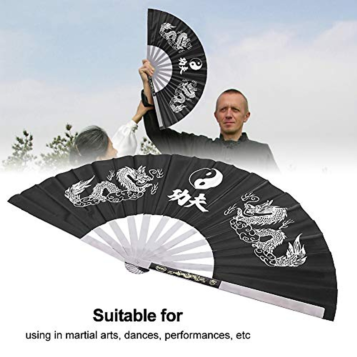 Folding Hand Fan, Stainless Steel Tai Chi Kung Fu Fan/Karate Fans/Chinese Kung Fu Fighting Fans/Wushu Fan for Performance Dance (Black)