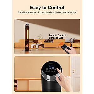 38'' Space Heater, Portable Electric Heater for Indoor Use, 1500W Ceramic Tower Heater with 3D Flame Effect, Adjustable Thermostat, 80° Oscillation, Safety Protection for Office Bedroom Home (Black)