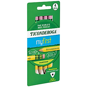 Ticonderoga My First Short Triangular Wood-Cased Pencils, 2 HB Soft, With Erasers, Yellow, 4 Count