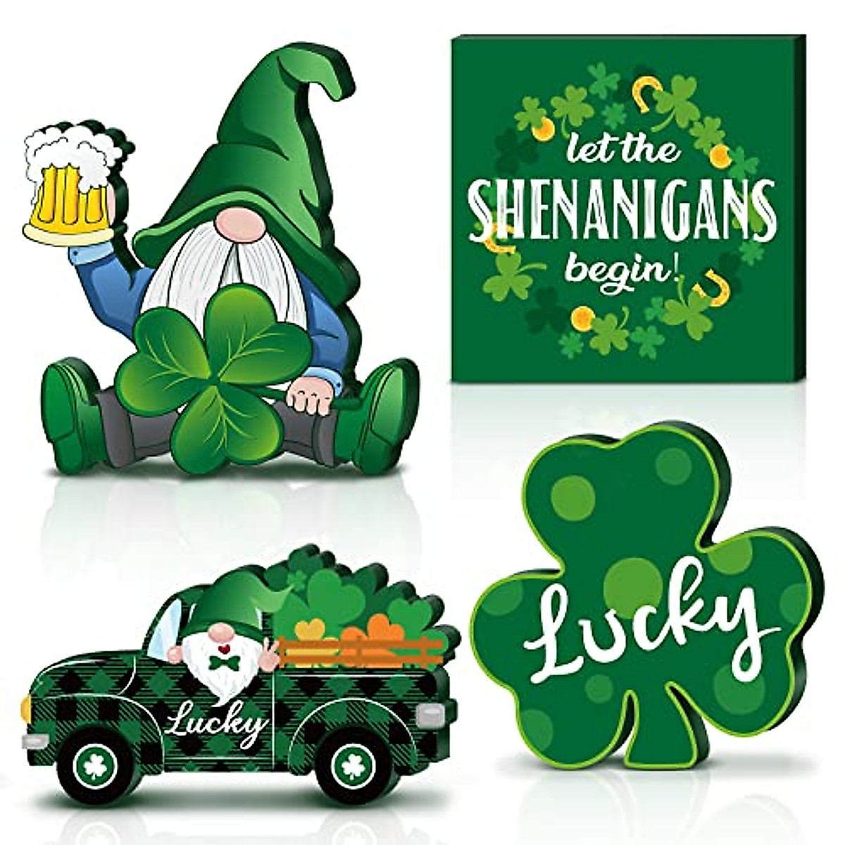 4 Pieces St. Patrick's Day Table Decor Wooden Sign Lucky Shamrock Table Sign Green Gnome Truck Table Centerpiece Freestanding Clover Letter Sign Table Decoration for Irish Holiday Party Decor