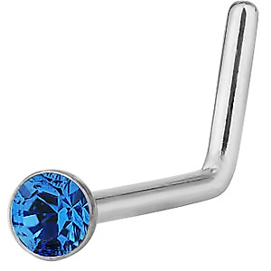 Forbidden Body Jewelry 20G Surgical Steel 6mm L-Shaped Nose Piercing Stud with Blue 2.5mm Crystal Top