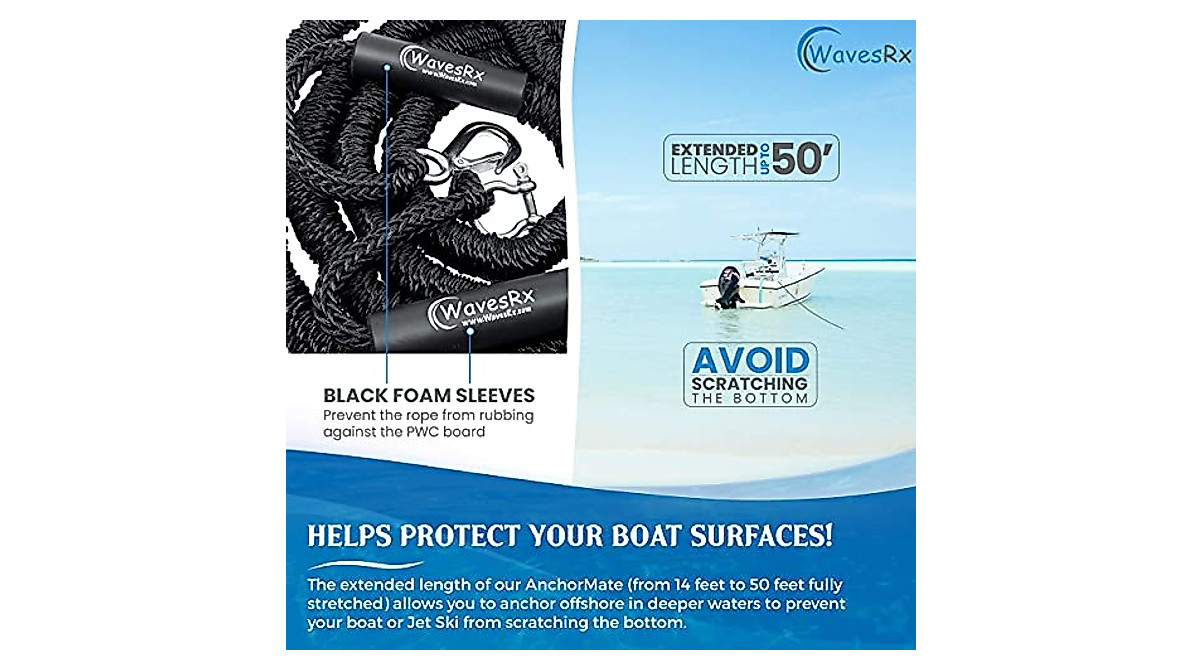 WavesRx 14'-50' AnchorMate Bungee Line for Safer Boat Anchoring