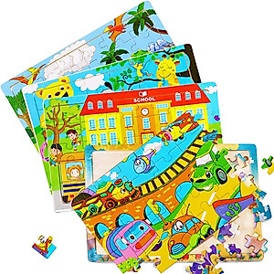 SURFCUZ Wooden Jigsaw Puzzles Set for Kids Age 3-8 Year Old 30 Piece Colorful Wooden Puzzles for Toddler Children Learning Educational Puzzles Toys for Boys and Girls (4 Puzzles)
